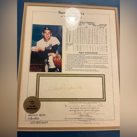 Other | Authentic Sandy Koufax Autographed Hall Of Fame Photo | Poshmark